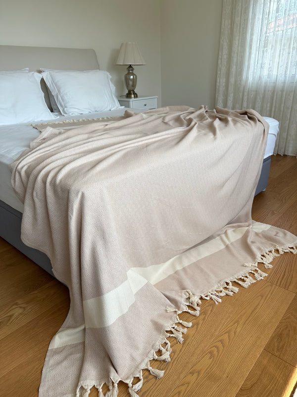 Blankets: Turkish Cotton, Wool and Silk Blankets - Olive and Linen